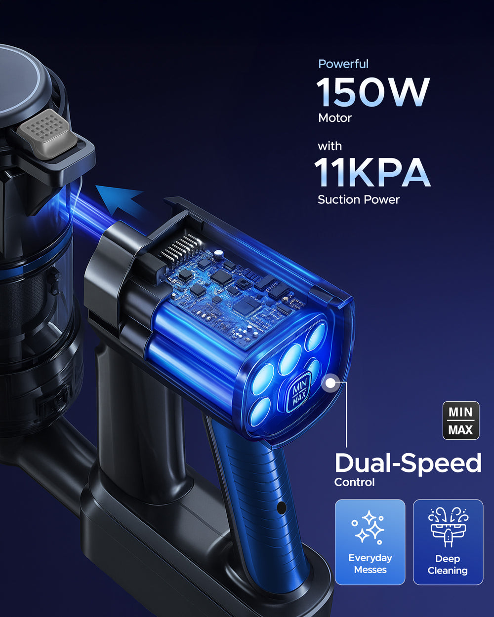 Keplin 150W Cordless Vacuum Cleaner – 2 Speed with LED Brush, 0.8L Dus