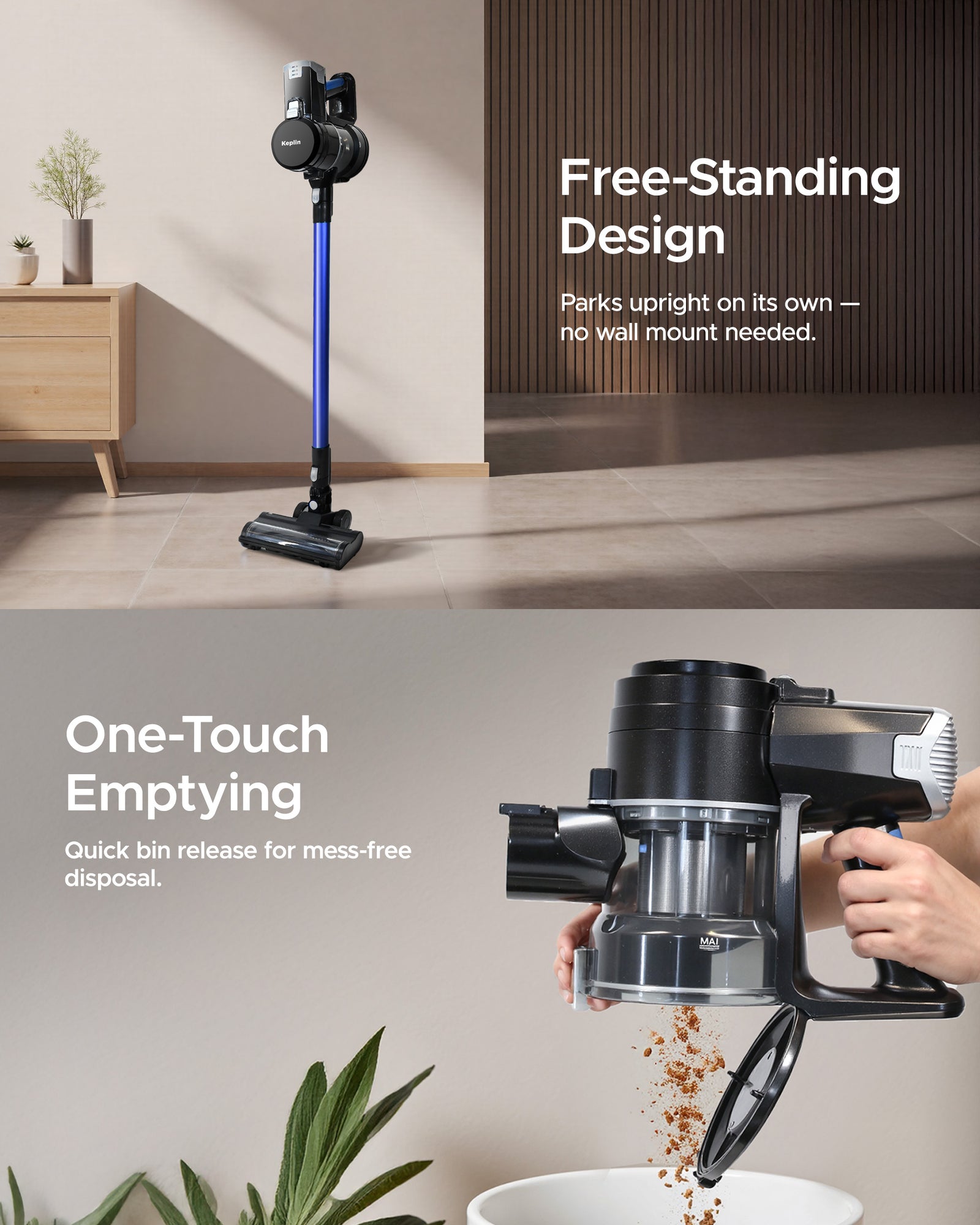 Keplin 150W Cordless Vacuum Cleaner – 2 Speed with LED Brush, 0.8L Dus