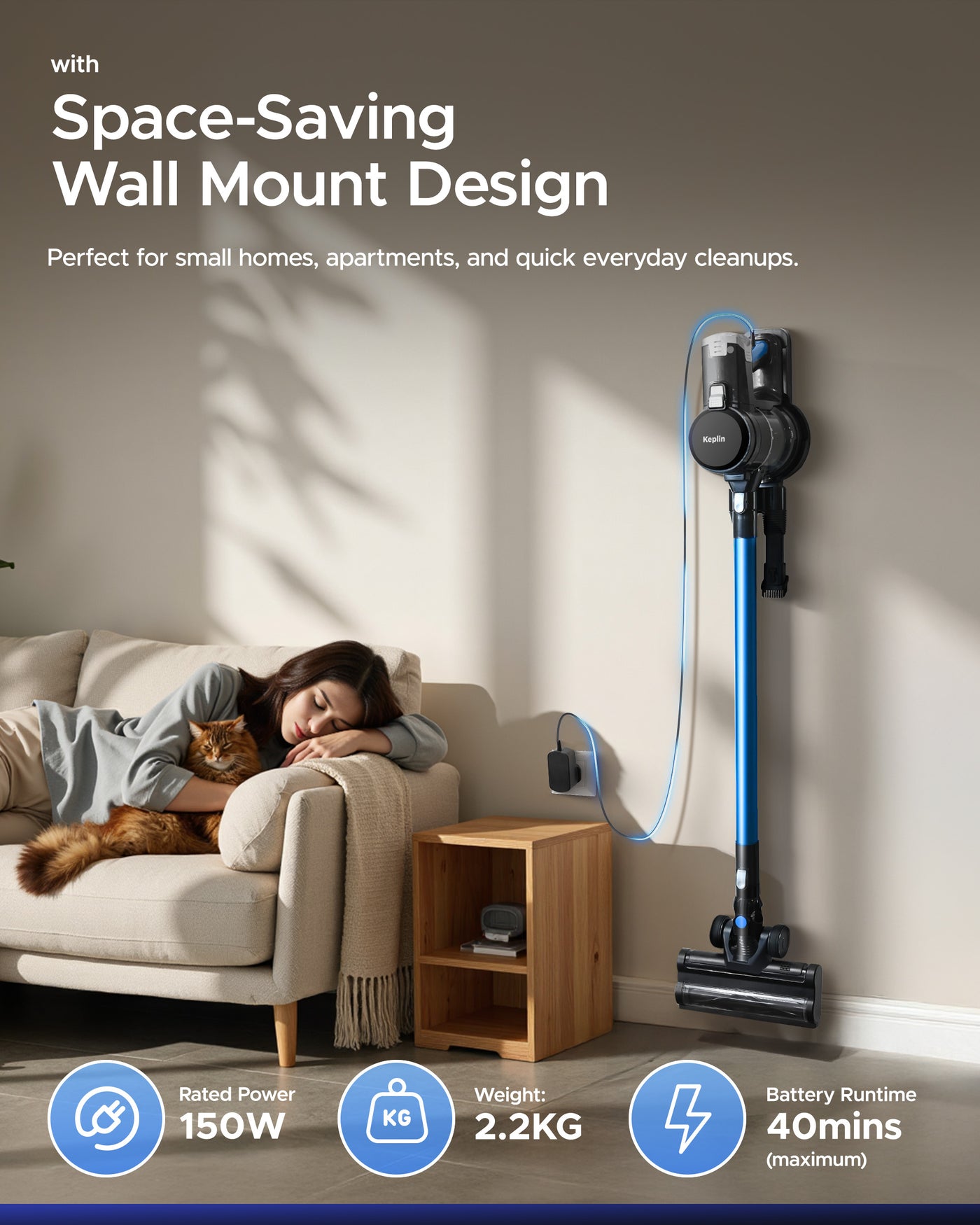 Keplin 150W Cordless Vacuum Cleaner – 2 Speed with LED Brush, 0.8L Dus